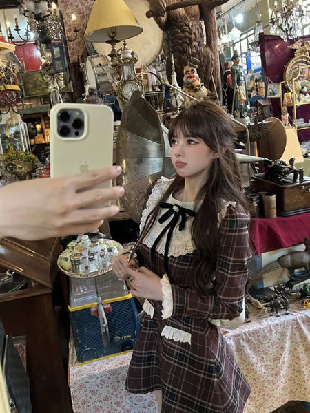 Korean Preppy Style Mini Plaid Dress Women Vintage One Piece Dresses Y ...