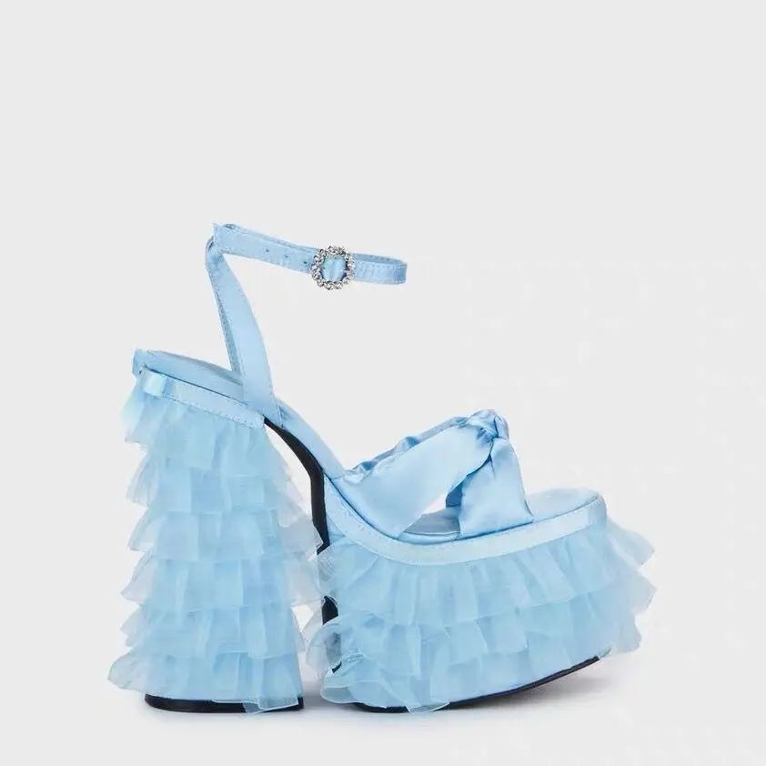 Light Blue Satin Platform High Heel Sandals Women Square Toe knotted B ...
